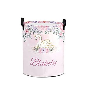 Swan Princess Pink Purple Personalized Foldable Freestanding Laundry Basket Clothes Hamper with Handle, Custom Collapsible Storage Bin for Toys Bathroom Laundry