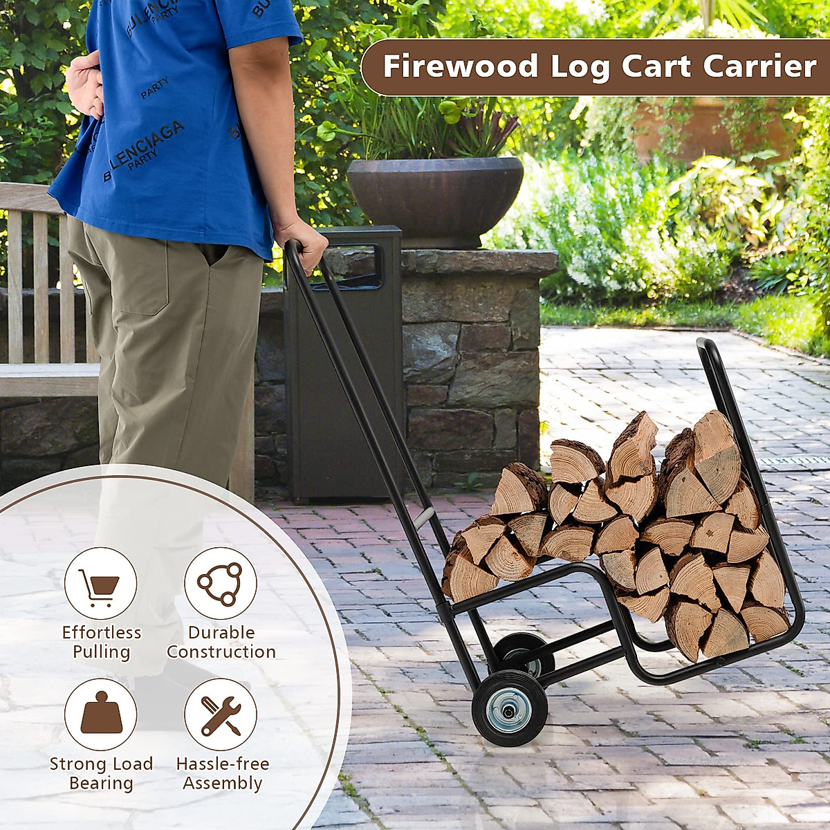 Safstar Firewood Log Cart Carrier, 2.9ft/35” Height Wood Rack Storage Mover w/2 Rubber Wheels & Ergonomic Handle, Heavy-Duty Steel Fireplace Log Carrier Mover, Rolling Firewood Cart for Indoor Outdoor