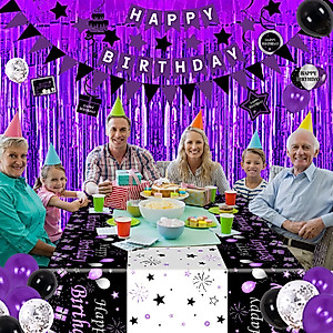 Purple Black Birthday Decorations for Women Girls, Happy Birthday Party Decorations for Her Him Bday Party Supplies Balloons Tablecloth Foil Fringe Curtains Hanging Swirls Decor Pennant Flag
