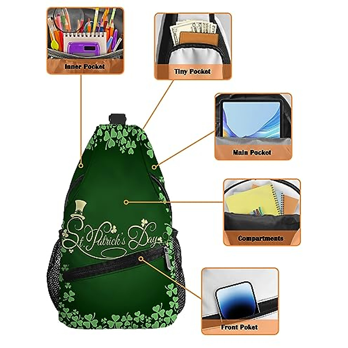 Sling Backpack, St. Patrick's Day Lucky Shamrock Spring Clover Green Waterproof Lightweight Small Sling Bag, Travel Chest Bag Crossbody Shoulder Bag Hiking Daypack for Women Men
