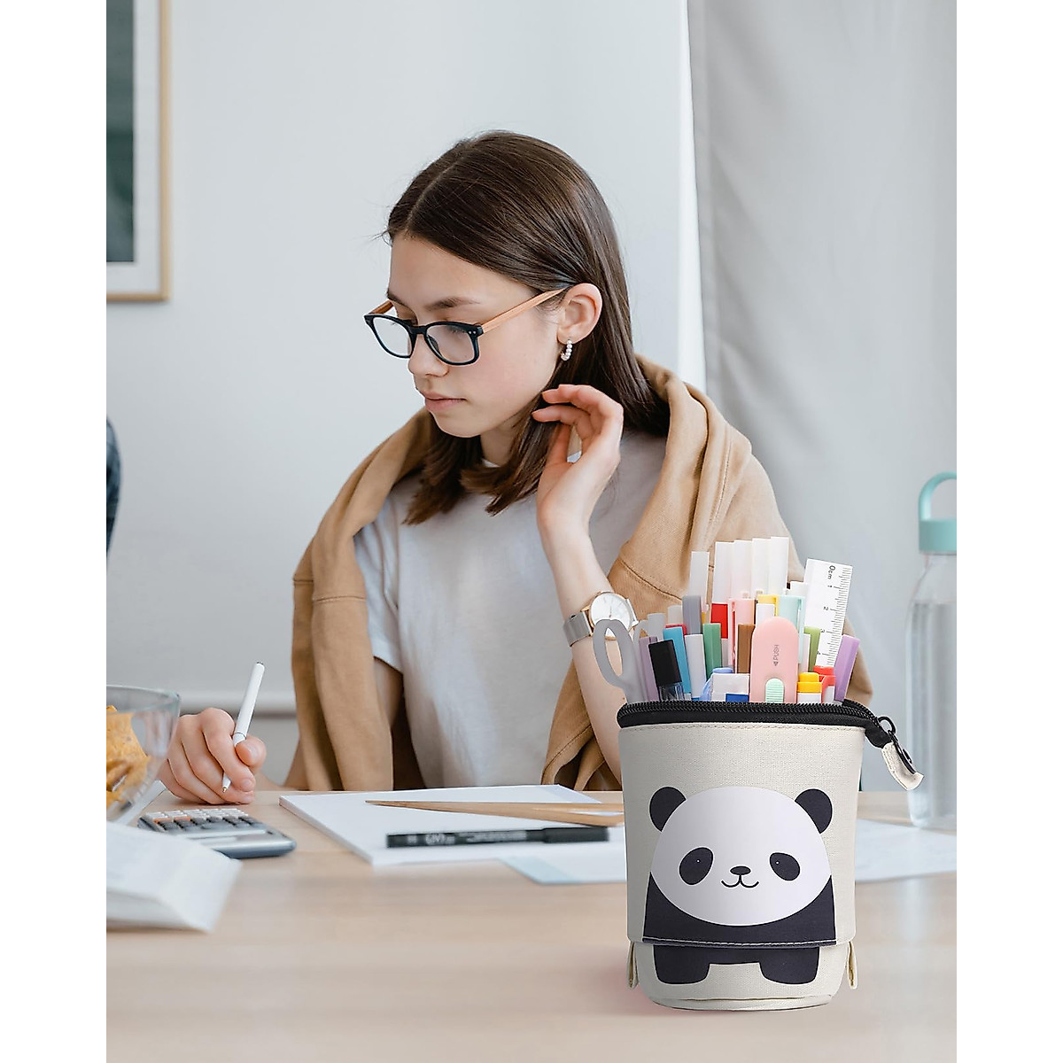 Sooez Standing Pencil Case, Cute Panda Pop Up Pencil Case, Durable Pen Pouch, Telescopic Pencil Holder Case, Kawaii Stand Up Pencil Case, Spacious Pencil Pouch Portable Pencil Bag for School Office