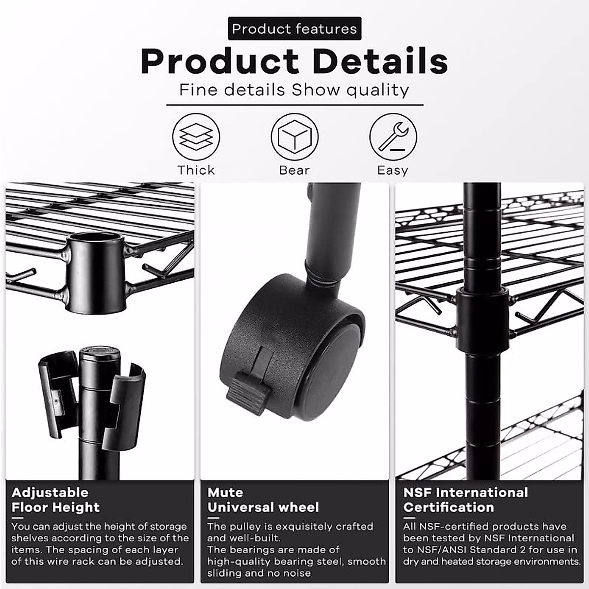 MGHH Garage Shelving, Metal Shelves 5 Tier Wire Shelving Unit Adjustable Heavy Duty Sturdy Steel Shelving Rolling Cart with Casters for Pantry Garage Kitchen, Black