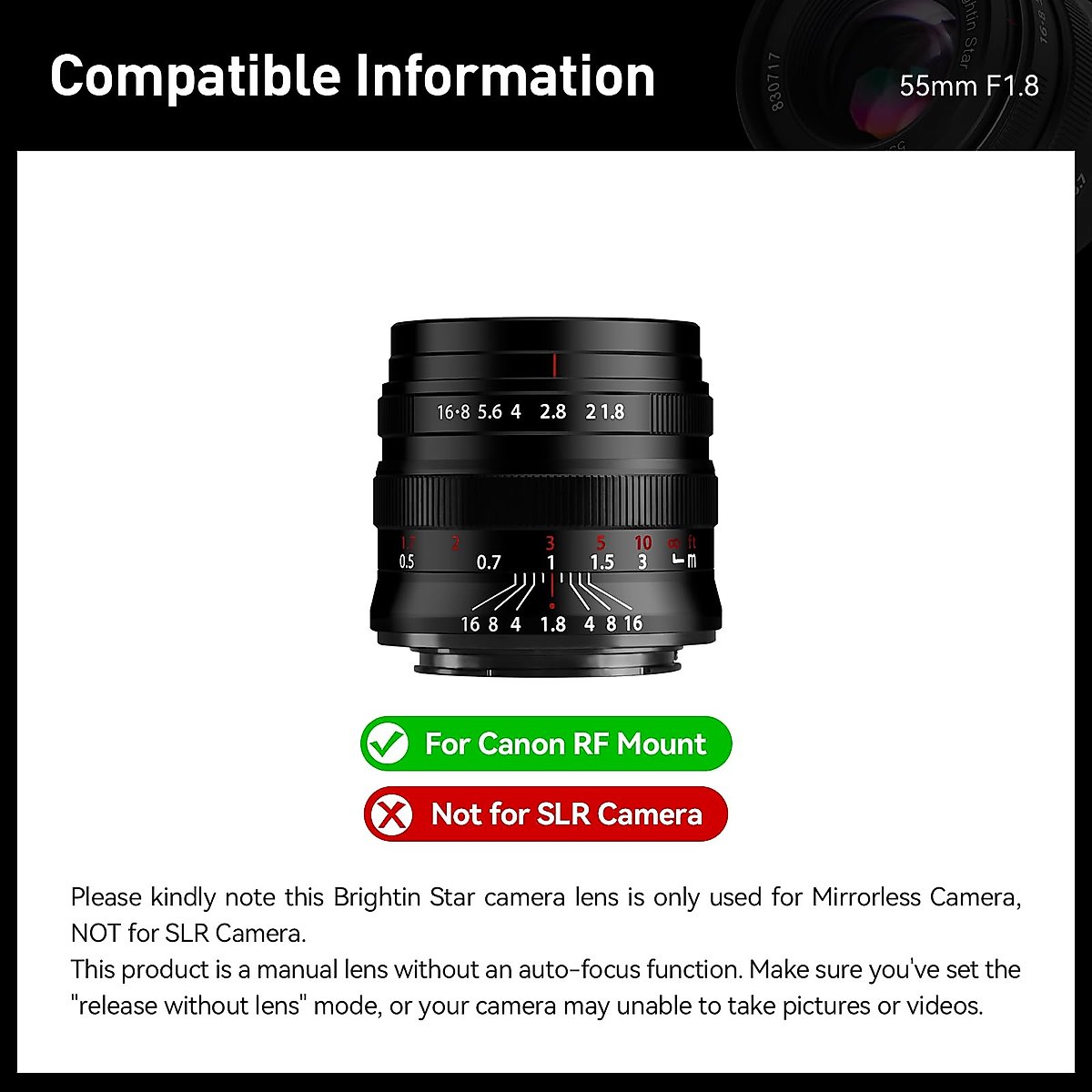 Brightin Star 55mm F1.8 Full Frame Manual Focus MF Large Aperture Prime Standard Fixed Focal Lens, Fit for Canon RF-Mount EOS-RP, EOS-R, EOS-R5, EOS R7, EOS-R6, EOS-R3, EOS-R10