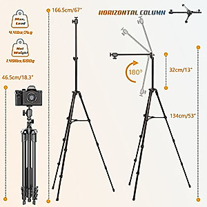 Phone Tripod, Lusweimi 67-inch Horizontal Tripod Stand with 360° Adjustable Ball Head and Wireless Remote for Camera/iPhone/Webcam, Tripod for Video Recording with Extended Arm/Clip Mount/Carry Bag