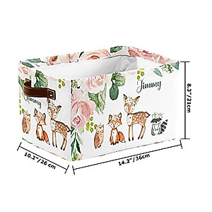 Woodland Animals Pink Floral Personalized Large Storage Box for Toy,Bathroom,Nursery,Home Kitchen Shelves,Custom Closet Decorative Storage Bins 1 Pack