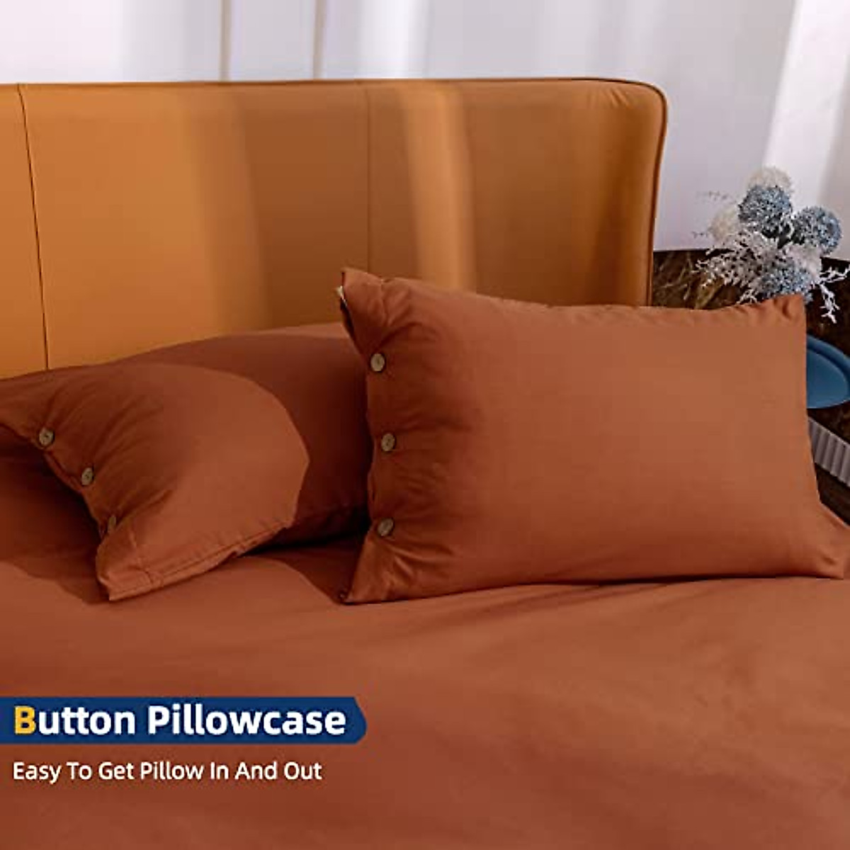 Argstar 3 Pieces Button Closure Duvet Cover Set Queen, Burnt Orange Duvet Cover with Buttons, 100% Microfiber Soft & Easy Care Bedding Comforter Cover with Ties (1 Rust Duvet Cover, 2 Pillowcases)