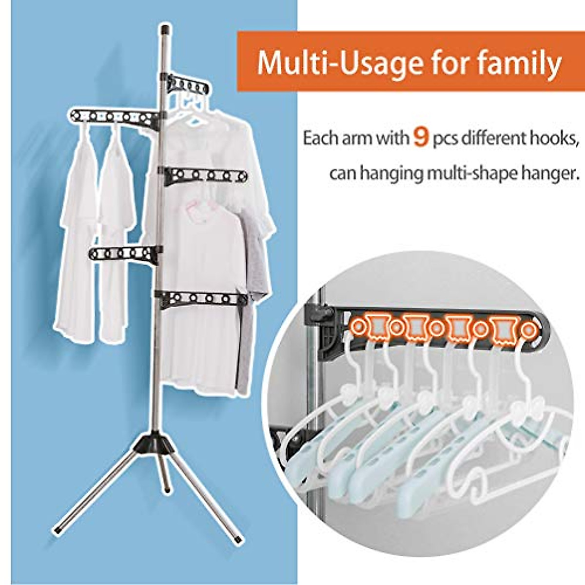 BAOYOUNI Foldable Laundry Pole Clothes Tree Drying Rack Airer Corner Tripod Coat Hanger Standing Garment Storage Shelf Holder Indoor Space Saving Organizer with 5 Adjustable Arms, Grey