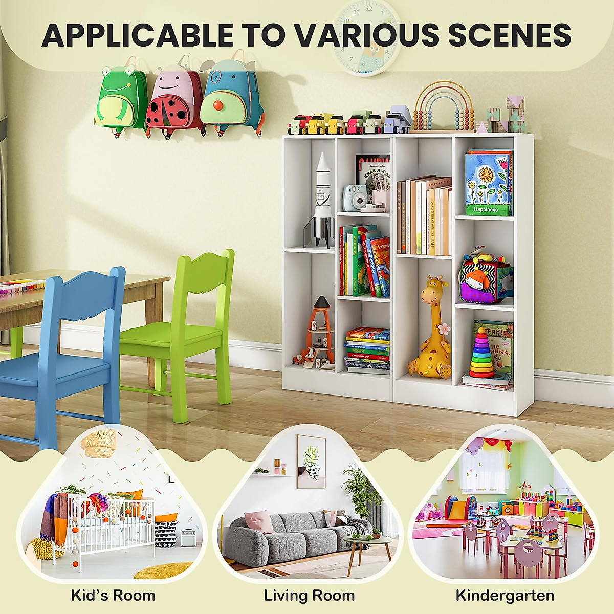 Costzon 5-Cube Kids Bookshelf, 41” Tall Wooden Toy Storage Organizer for Books Toys, Montessori Toy Shelf, 3-Tier Storage Cabinet, Bookcase for Kids Room, Playroom, Nursery, Classroom (White)