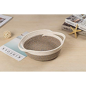 Small Rope Storage Key Basket Desk Organizer Basket Remote Control Bedside Storage Home Decor Mini Basket Woven Storage Basket Bowl Woven Dish Desk Container (Grey Camel Mix & White - Hemp Rope)