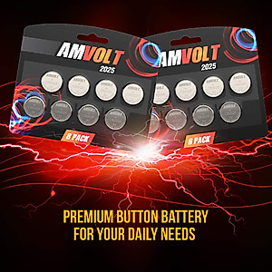 AmVolt- Pack of 8 CR2025 Batteries, 220mAh 3 Volt Lithium Battery, Long Lasting Coin Cell 2030 Batteries for Small Electronic Devices