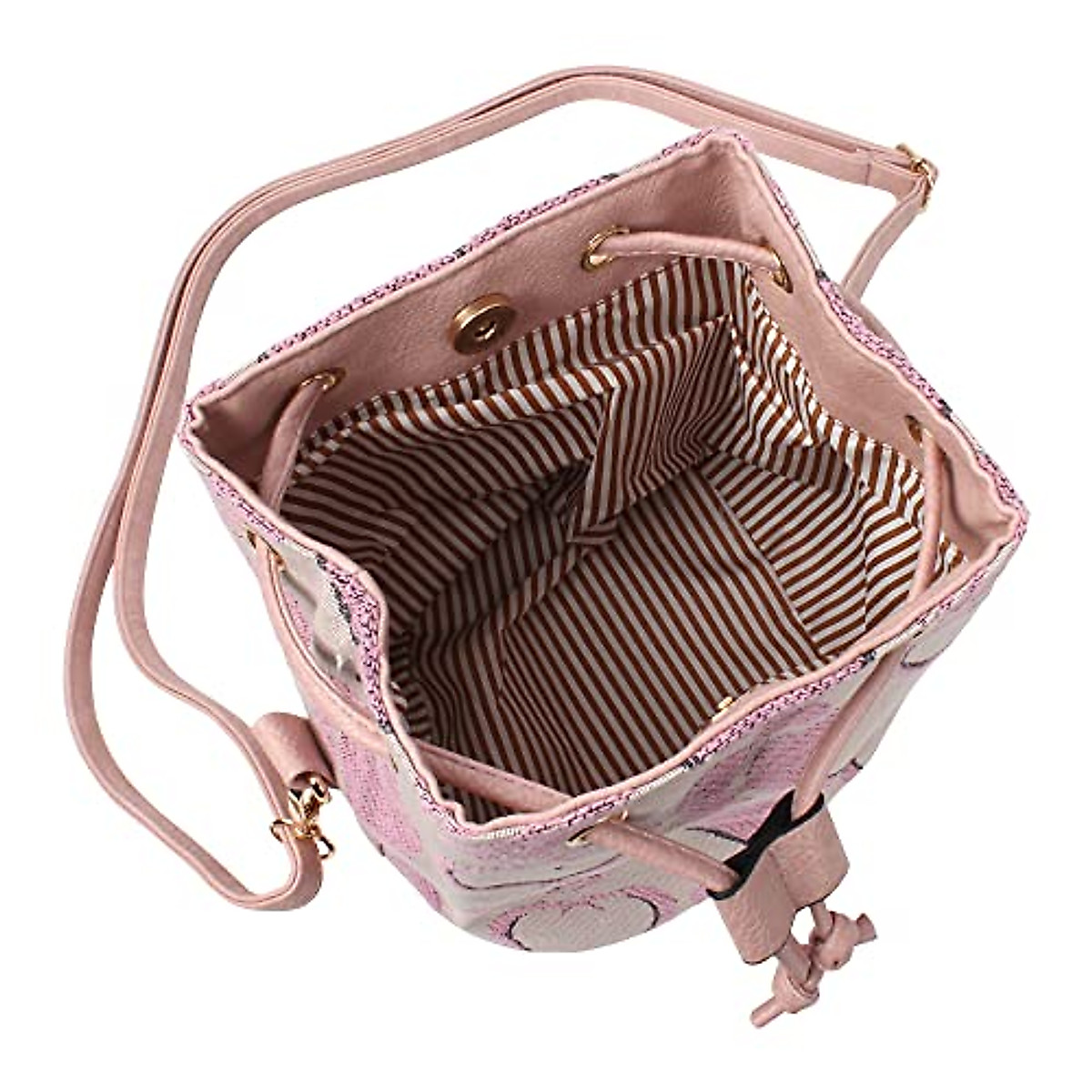 ZLM BAG US Women Girls Faux Leather Drawstring Bucket Bag Pink Heart Print Hobo Shoulder Purse Mini Crossbody Bag