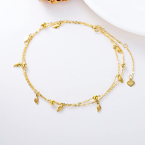 SISGEM 14K Real Gold Leaf Anklets for Women, Real Gold Beads Station Anklet Bracelet Tassel Double Foot Link Beach Anklets Anniversary Birthday Jewelry Gifts for Wife Mom 8''+2'' (Double Chains)