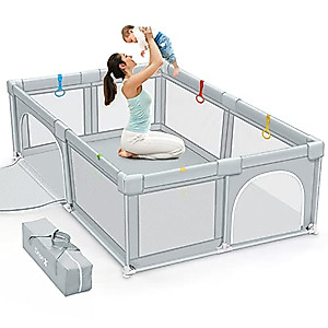 Dripex Baby Playpen, 79"×59" Play Pens for Babies and Toddlers, Safe Anti-Fall Play Yard with Gates, Baby Fence with Breathable Mesh, Indoor & Outdoor Kids Activity Center, Ash Grey