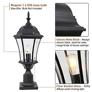 GOALPLUS 24" Aluminum Outdoor Post Light with 3" Fitter Base for Post Pole Mount, 2 Pack Black Exterior Pole Lantern Lights with Seeded Glass, Large Outside Post Lamp for Yard Garden