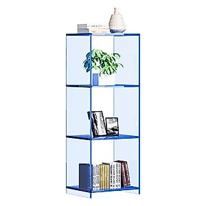 3 Tier Acrylic Bookcase, Clear Floor Standing Acrylic Bookshelf, 31.5 inch Tall Display Cube Storage Shelf Home Decor Furniture for Home, Office, Living Room, Bedroom, Blue