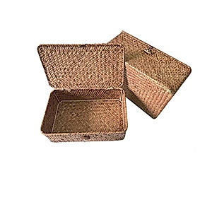 Rattan Storage Basket Hand-Woven Storage Basket Multipurpose Container with Lid for Desktop Home Decor (L)