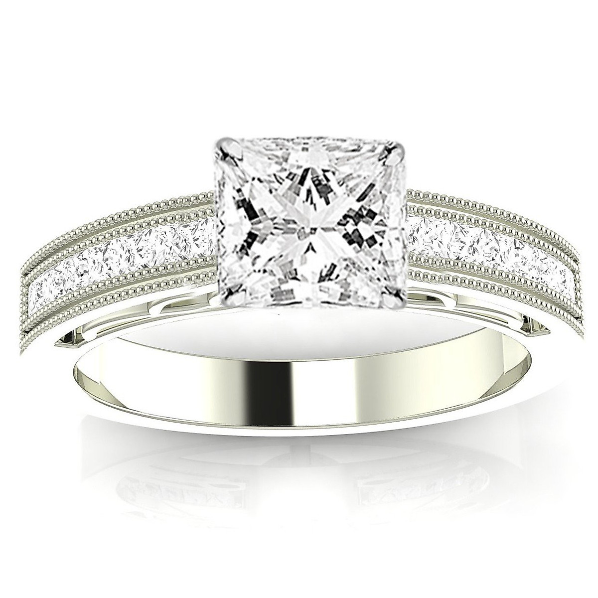 1.38 Carat 14K White Gold Channel Set Princess Cut Diamond Engagement Ring with Milgrain with a 1 Carat Moissanite Center