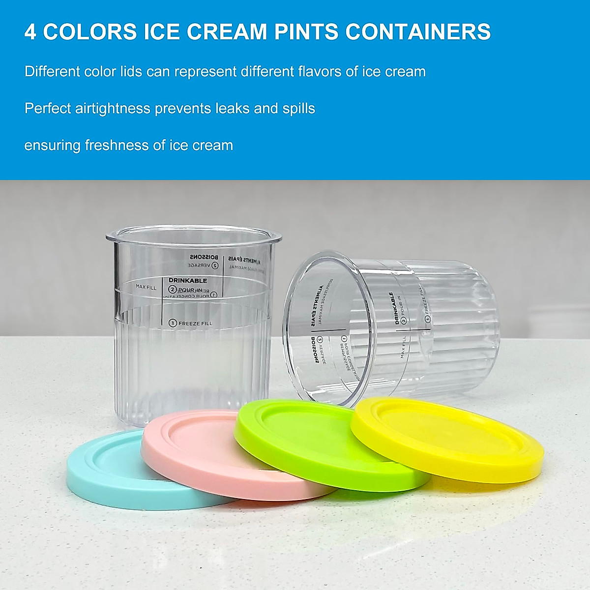CUTIECLUB Pack of 4 Ice Cream Pint Containers 24oz and Lids for Ninja Creami NC500 NC501 Series Deluxe ice Cream Makers, Replacement Cups BPA-Free & Dishwasher Safe