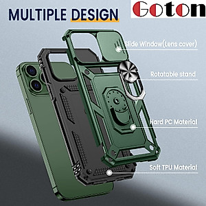 Goton for iPhone 13 Pro Max Case with Slide Camera Cover & 360° Rotate Ring Stand [Military Drop Protection] Shockproof Heavy Duty Protective, Armor Phone Case with Magnetic Car Mount Holder Green