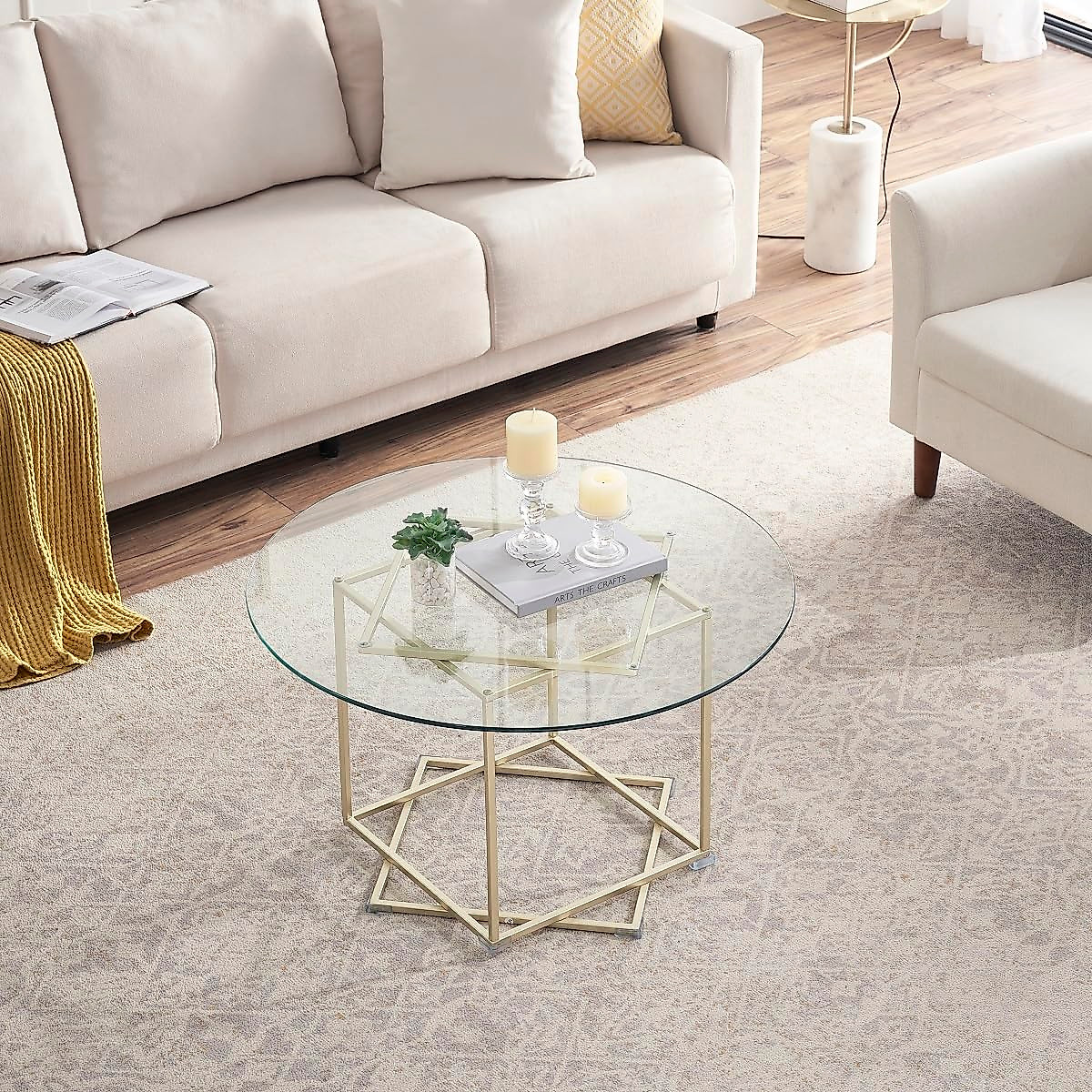 Round Coffee Table Glass Coffee Tables for Living Room Modern Gold Metal Steel Frame & Protective Foot Pads Small Coffee Table for Small Space Home Office Bedroom