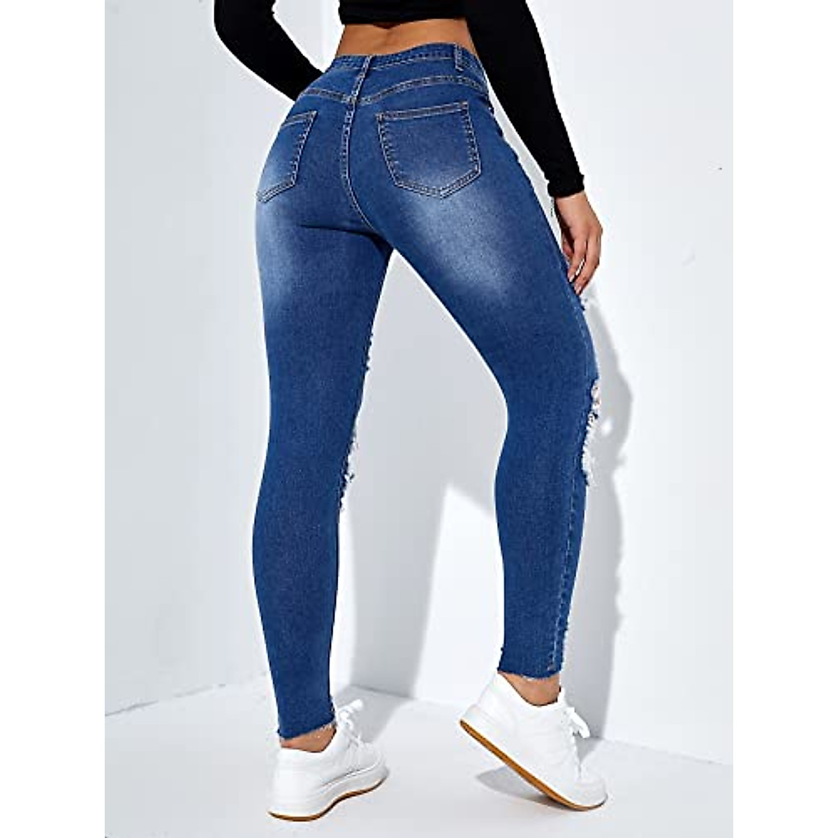 Floerns Women's Cut Out Ripped Jeans Raw Hem High Waist Skinny Denim Pants Blue S