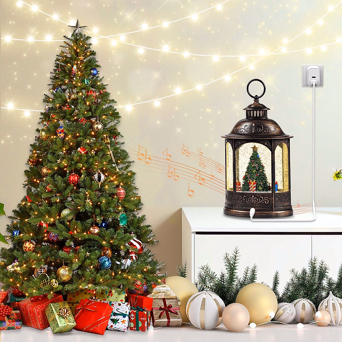 Ponsonbay Christmas Musical Snow Globe Lantern Lighted Snow Globe Lantern with 6H Timer USB Powered & Battery Operated Spinning Water & Swirling Glitter 8 Songs (L-Christmas Tree-Black)