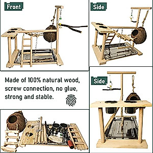 Hamiledyi Bird Playground for Conures Parrot Playstand Cockatiel Play Stand Wood Perch Gym Playpen Ladder Swing Chew Toy with Feeder Cups for Lovebirds Parakeet Cage Accessories Exercise Platform