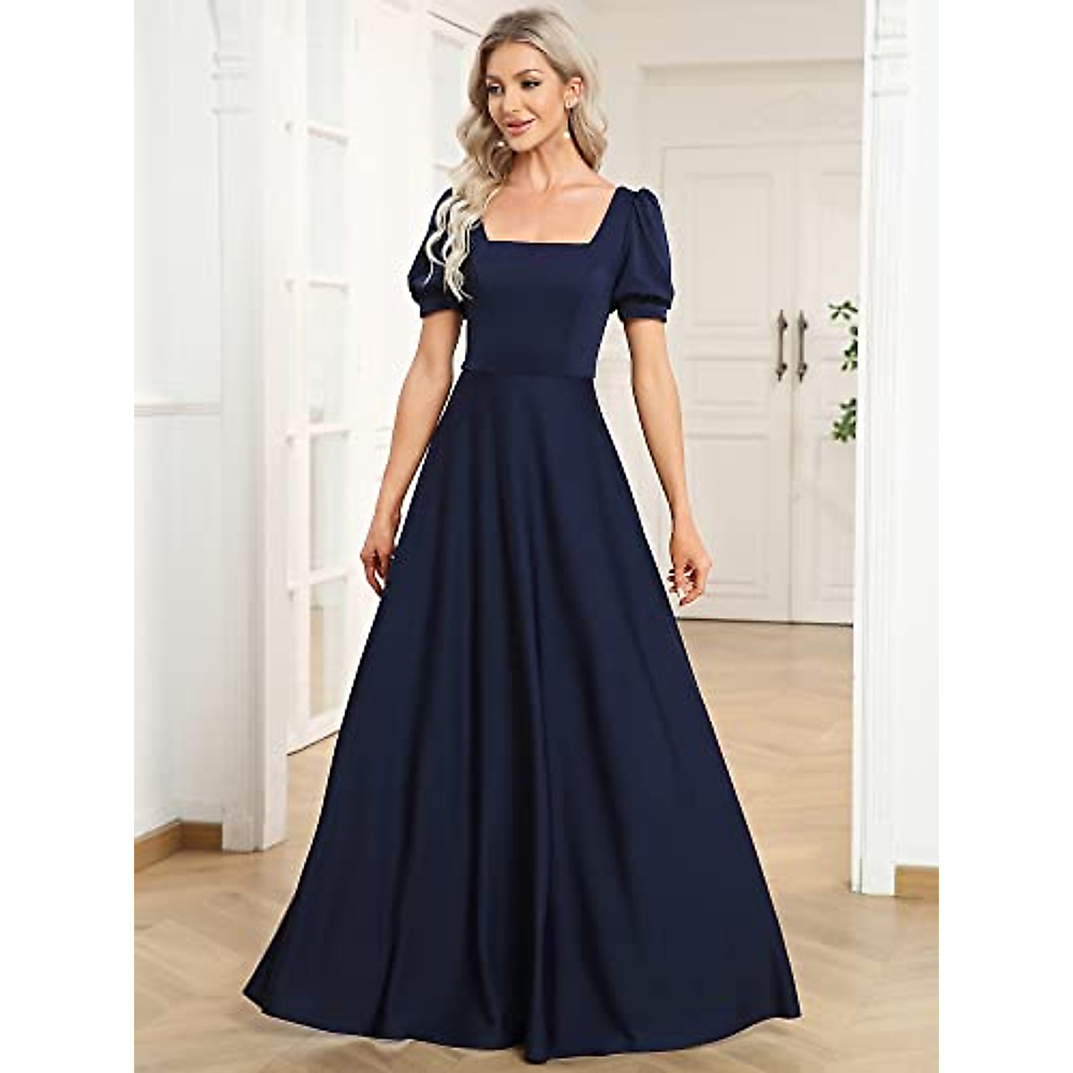 Ever-Pretty Women's Square Neck Short Sleeves Open Back A Line Maxi Holiday Dresses for Women Navy Blue US14