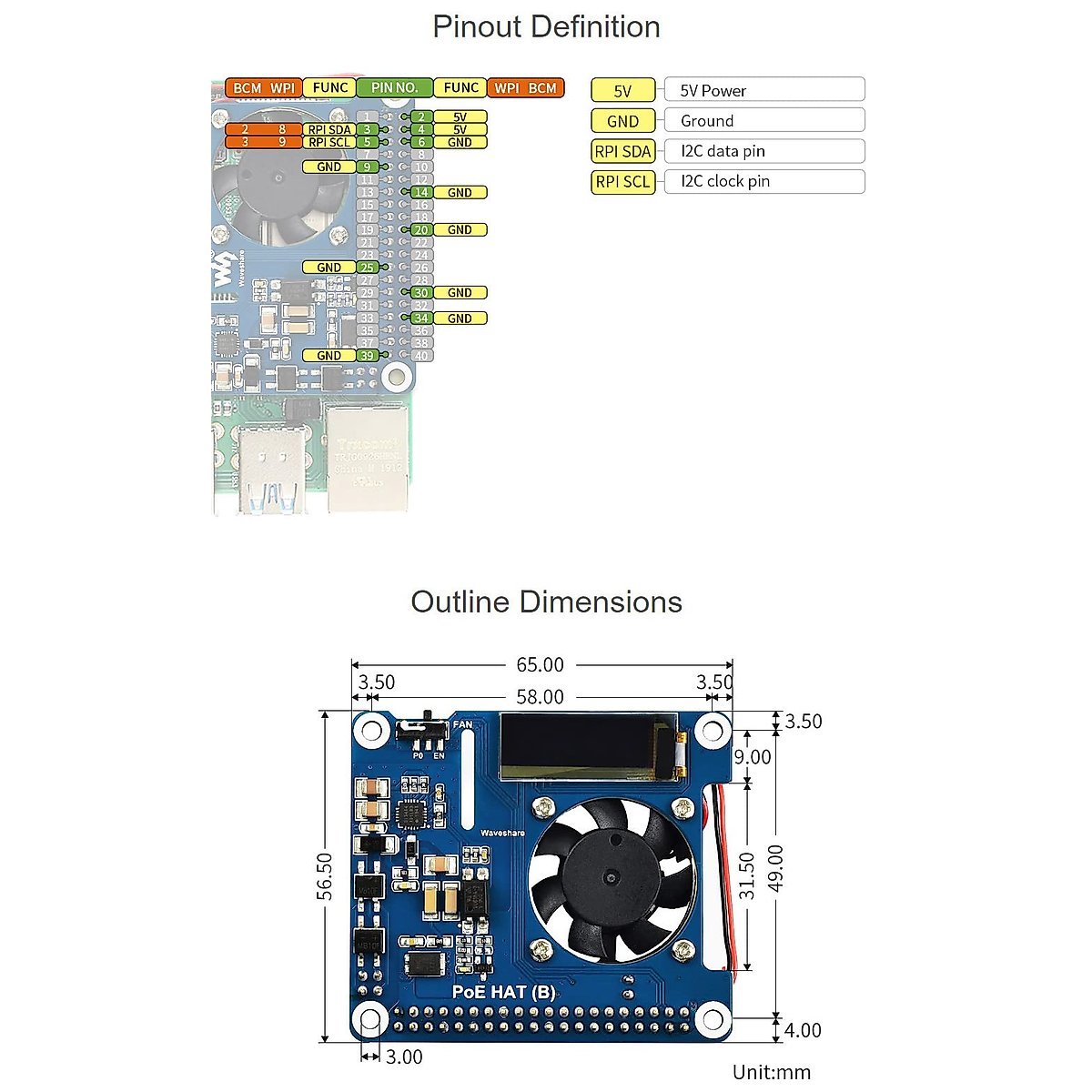 Waveshare PoE HAT (B) Power Over Ethernet HAT Supports Raspberry Pi 3B+ and 4B, 802.3af PoE Network
