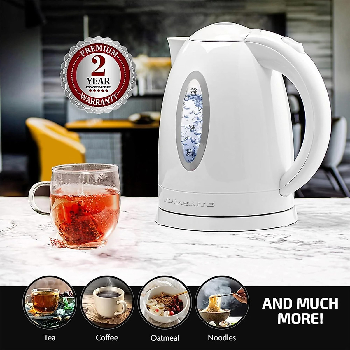 Ovente Electric Kettle 1.7 Liter Cordless Hot Water Boiler, 1100W with Automatic Shut-Off and Boil Dry Protection, Fast Boiling BPA-Free Portable Instant Heater for Making Tea, Coffee, White KP72W