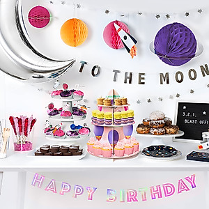 ANGOLIO 3 Tier Watercolour Outer Space Cupcake Stand Outer Space Party Supplies Cake Stand for Kids Birthday Party Decorations Space Theme Dessert Tower Party Baby Shower Birthday Party Supplies