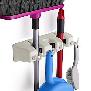 Zulay Home Mop and Broom Organizer Wall Mount - Easy to Install Mop and Broom Holder Wall Mount for Storing Cleaning Supplies - Organizer Utility Racks Mop Holder and Broom Hanger (3 Slots, White)