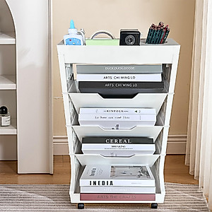Drcoevo 5 Tier Rolling Book Utility Cart, Removable Movable Bookshelf Organizer with Wheels, Storage Book Shelves, Book Rack, Mobile White Bookcase for Study in Classroom Home School Office