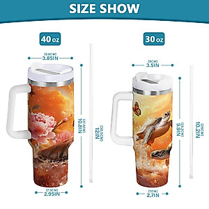 Slewiaeky Tumbler with Handle 40 oz Funny Ocean Turtle Travel Mug with Lid and Straw Butterfly Stainless Steel Vacuum Insulated Water Bottle Cup for Iced Tea Coffee Cold Beverages Cup Holder Friendly