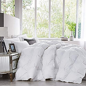 Luxurious All-Season Goose Down Feather Fiber Comforter King Size Duvet Insert, Exquisite Pinch Pleat Design, Premium Baffle Box, 100% Egyptian Cotton Cover, 65 oz. Fill Weight, White