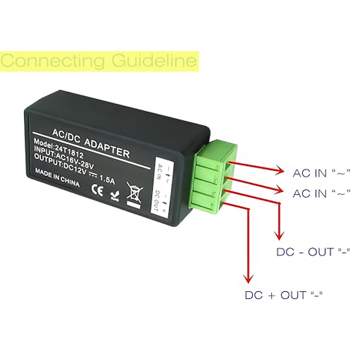 BeElion 24V AC to 12V DC Convertor, 1.5 Amp Supply Current Power Adapter and 2.1 x 5.5mm DC Power Male Plug Pigtail for Surveillance Security Camera CCTV