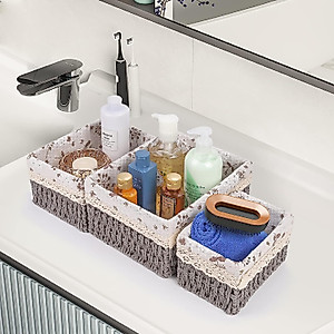 Recycled Wicker Storage Basket, Small Wicker Baskets, Handwoven Baskets for Storage, Paper Rope Storage Baskets for Organizing Container Bins for Shelves Cupboards Drawer, Small Woven Basket Set of 3