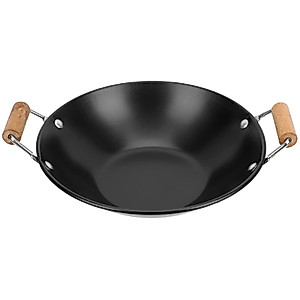 DOITOOL Japanese Shabu Pot Carbon Steel Wok Pan Stir Fry Pans with Wooden Handle Stainless Steel Pot Kitchen Cookware 9 X 11 Inch Japanese Soup Pots