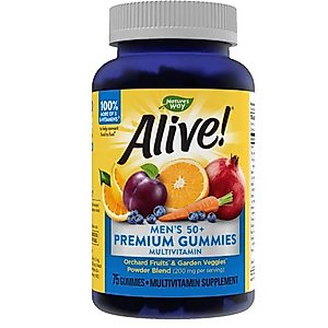 Nature’s Way Alive! Men’s 50+ Premium Gummies, 15 Vitamins and Minerals, Grape, Orange and Cherry Flavored Gummies, 75 Gummies