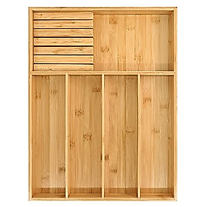 VaeFae Bamboo Silverware Organizer, Utensil Holder for Drawer, Wooden Cutlery Tray with Divider for Kitchen, Flatware Storage and Removable Knife Block, 13 x 17 inches