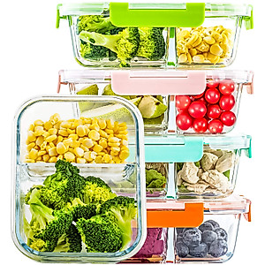 C CREST Glass Meal Prep Containers 2 Compartment Set, 5-Pack, 34oz, Glass Bento Boxes for Adults, Divided Glass Lunch Containers with Lids