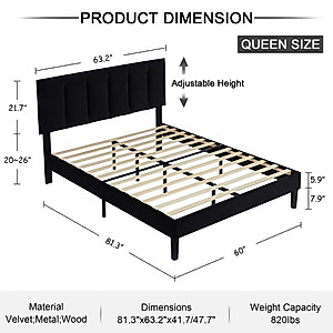 VECELO Queen Bed Frame with Upholstered Headboard, Platform Mattress Foundation with Strong Wooden Slats Support, No Boxing Spring Needed, Easy Assembly, Black