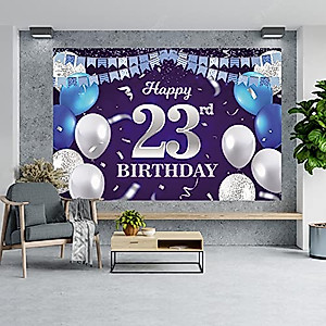 Happy 23rd Birthday Banner Backdrop Navy Blue Balloons Confetti Stripe Flag Light Spots Cheers to 23 Years Old Theme Decorations Decor for Women Men 23rd Birthday Party Bday Supplies Glitter Silver
