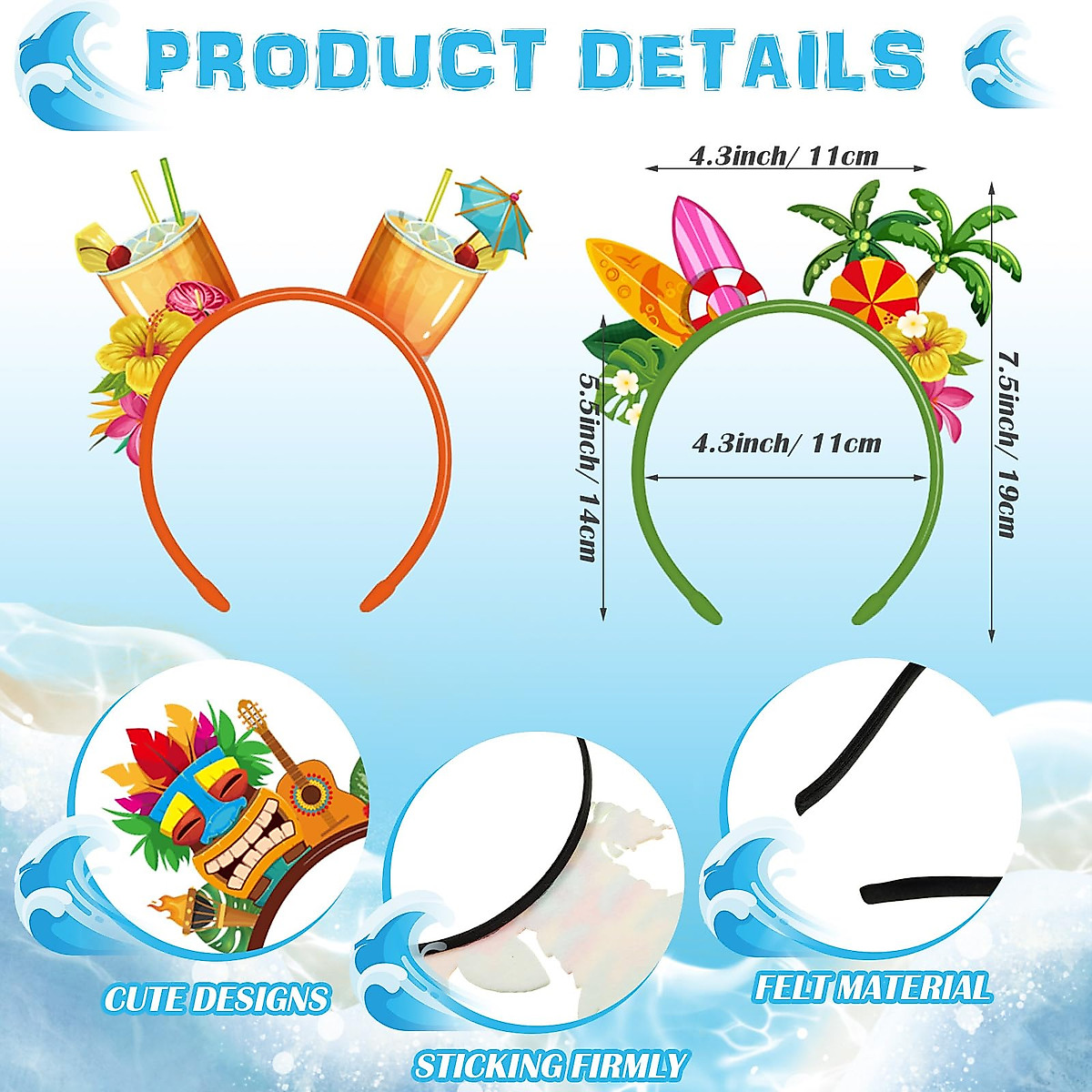 Capoda 16 Pieces Hawaiian Party Headband Felt Luau Party Head Boppers Flamingo Pineapple Palm Tree Tiki Aloha Boppers for Hawaiian Party Favors Tropical Party Accessories Summer Beach Party Supplies