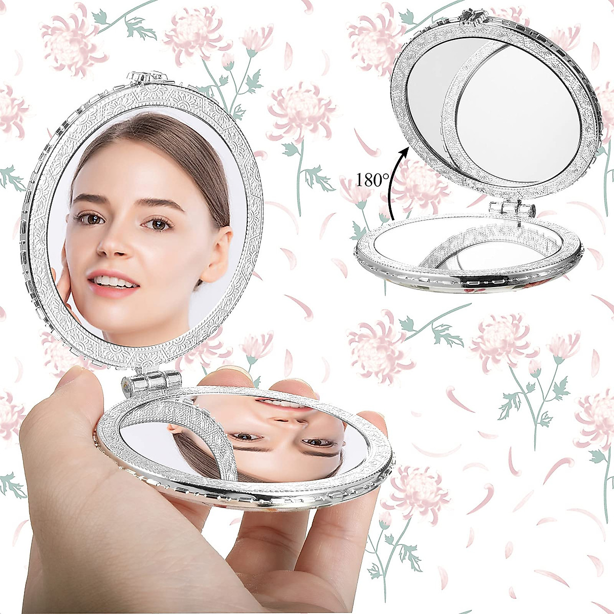 Blulu 8 Pieces Compact Mirror for Purse Flower Small Compact Mirror Gift Makeup Floral Pocket Retro Folding Portable Travel Accessories for Women Girls