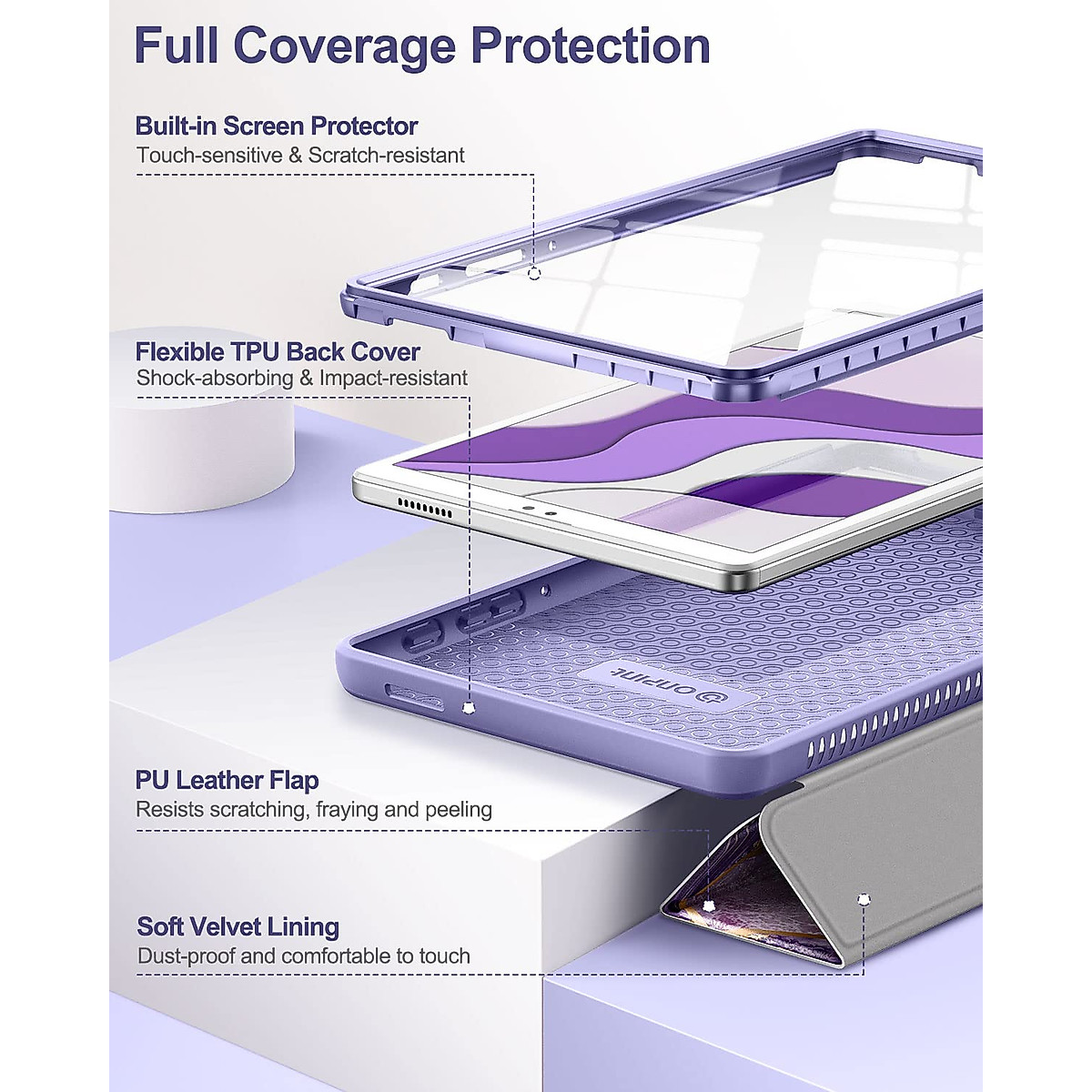 ONPINT Case for Samsung Galaxy Tab A7 Lite Case 2021 8.7 Inch (SM-T220 / T225 / T227),【Built in Screen Protector】 Lightweight Leather Case Full Body Smart Cover with Magnetic Trifold Stand-Purple