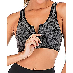 FLORATA Sports Bras for Women Zip Front Sports Bra Wireless Post-Surgery Bra Removable Cups Yoga Sport Bra