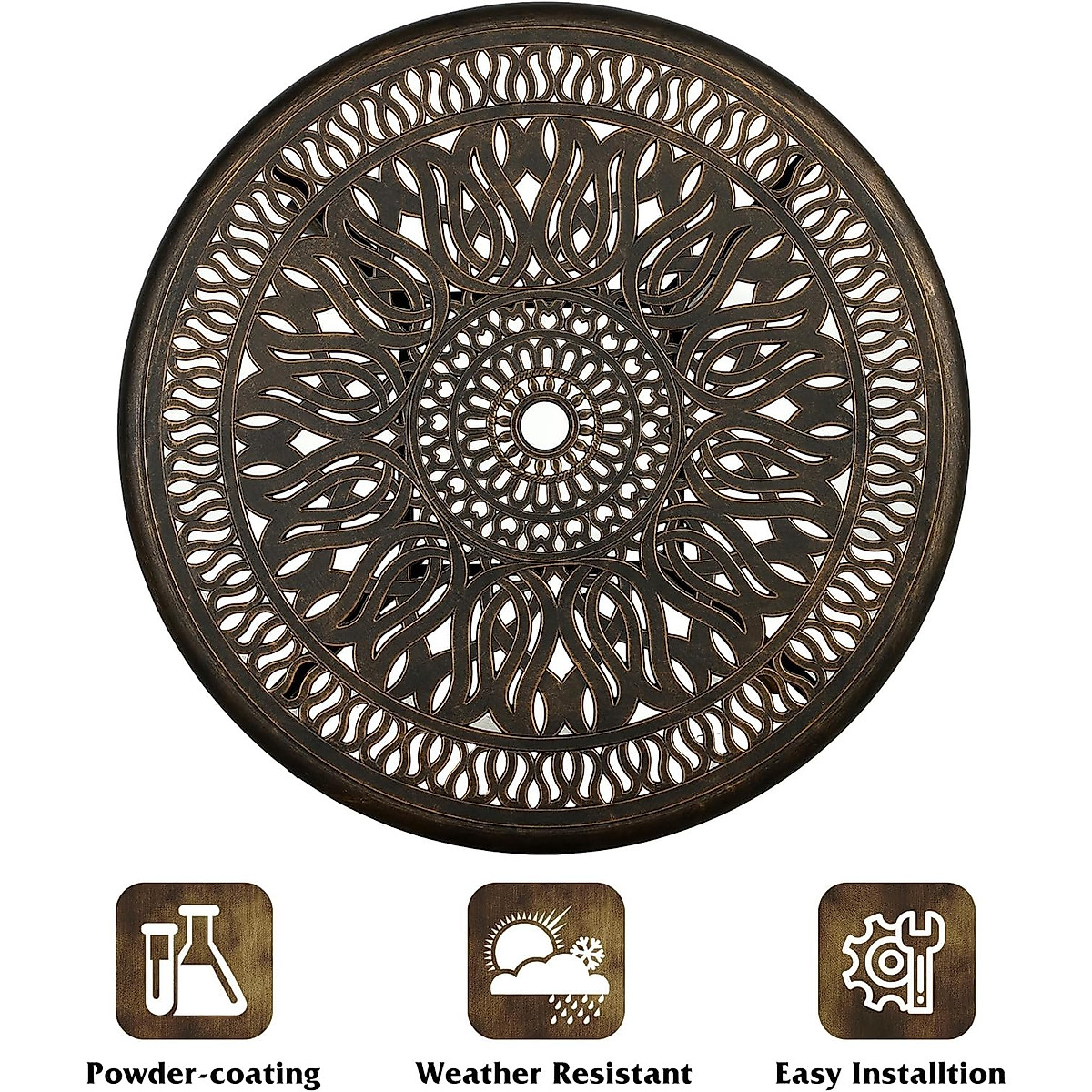 MAIBH Outdoor 5 Piece Cast Aluminum Bistro Set, Patio Table and Swivel Rocker Chairs Set of 4, Metal Patio Furniture Set with Umbrella Hole (35.4''Dia x 29.5''H, Lotus Pattern B) (Red)