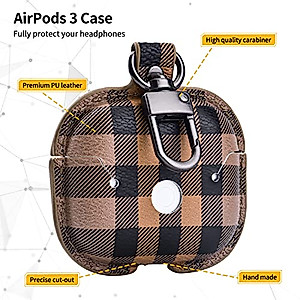 Pujuyeka Leather Luxury Case for AirPods 3rd Generation 2021 with Keychain,Designer Plaid Cute Airpod Charging Case Cover Aesthetic Lockable Protective Air Pod Skin Cover (AirPod 3rd Gen 2021 Brown)