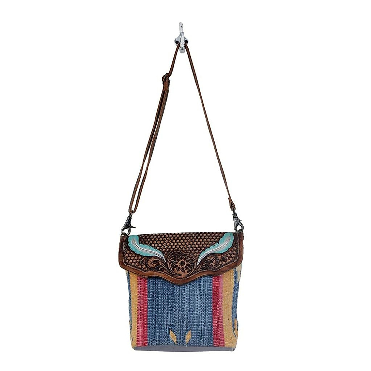 Myra Bag Blue Feather Hand-Tooled Bag Upcycled Cotton & Leather S-3058
